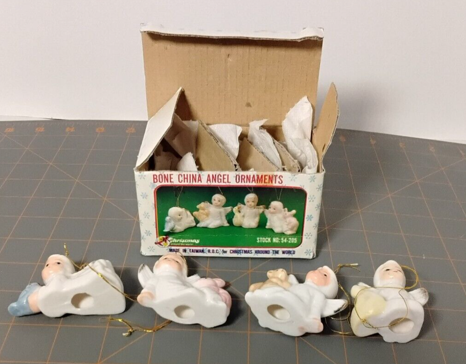Vtg 4 Mini Bone China Angel Ornaments blue Bird Squirrel Goose Rabbit ...