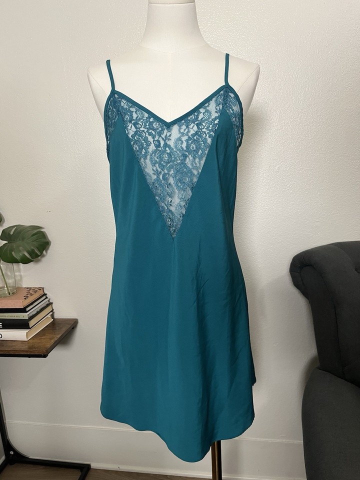 Vintage 80s Victoria's Secret Slip Dress Teal Lace Trim Chemise 100 ...