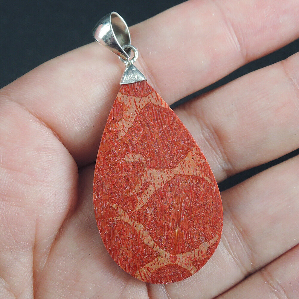 925 Sterling Silver Teardrop Shape Red Coral Pendant Hand Made Jewelry ...