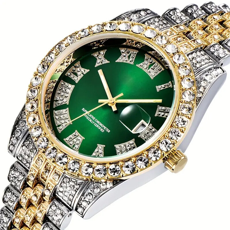 MEN'S HIP HOP GREEN DIAL LUXURY WATCH & ICED CUBAN BOX LOCK BRACELET ...
