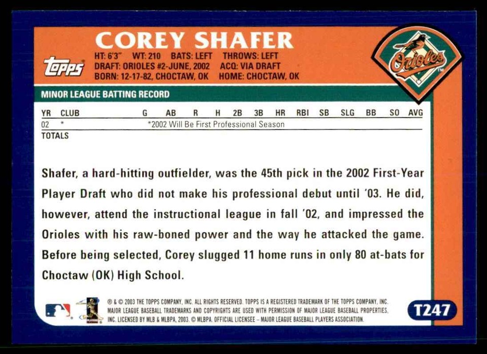 2003 TOPPS TRADED & ROOKIES COREY SHAFER BALTIMORE ORIOLES #T247 | eBay