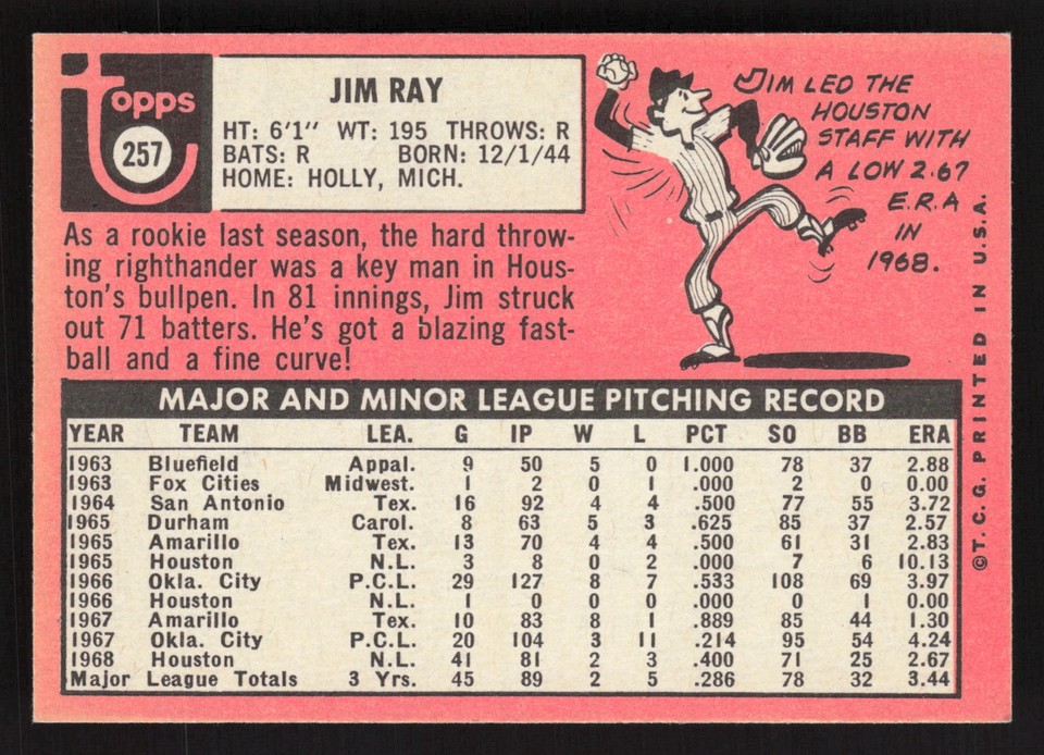 Jim Ray 1969 Topps #257 Houston Astros VG-EX SU {1224 | eBay