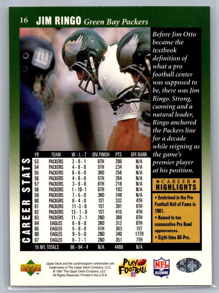 1997 UPPER DECK CARD # 16 Jim Ringo - Green Bay Packers | eBay