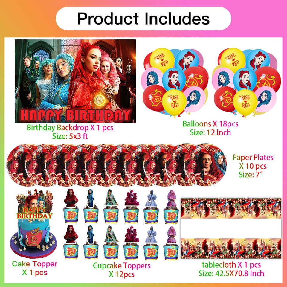 Descendants The Rise Of Red Party Decorations Plates Balloons Banner ...