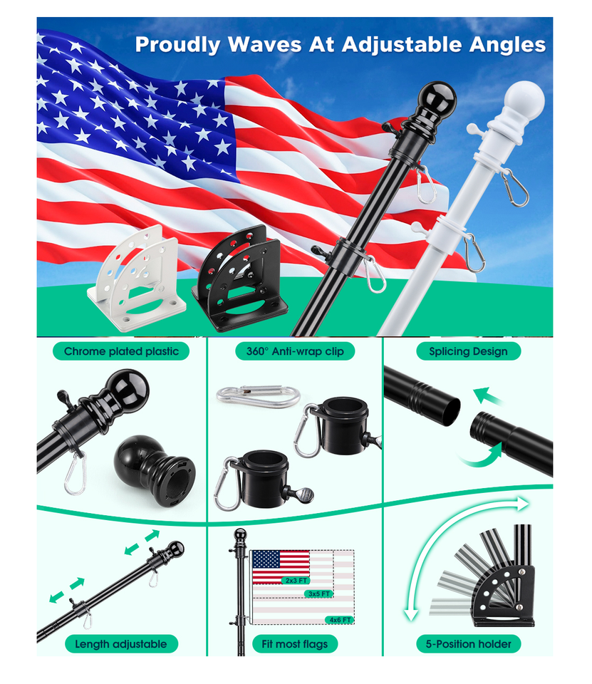 Flag pole rod 6' Long black Muti Position holder fit flag 3' 4' 5 ...