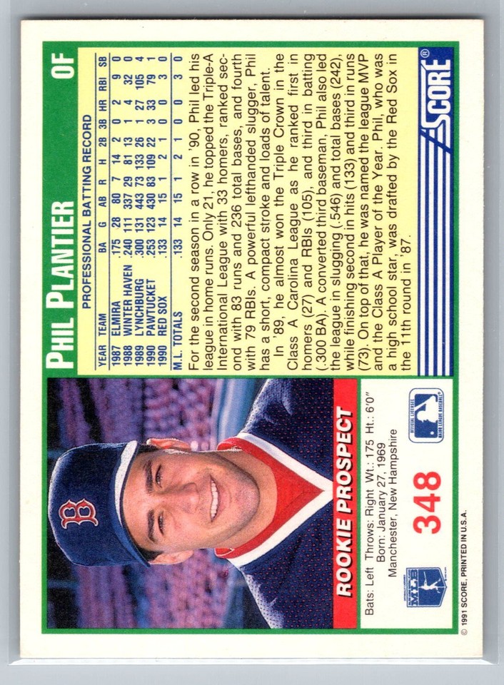 Phil Plantier 1991 Score Rookie Prospect BASEBALL #348 Boston Red Sox ...