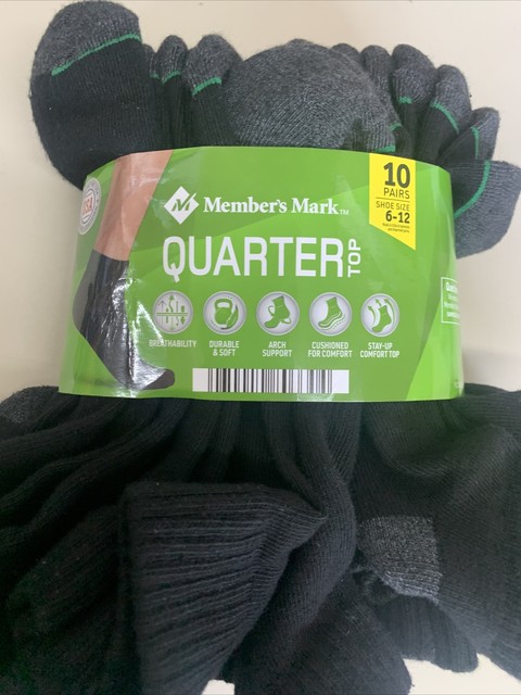 Member's Mark Black Quarter Top Sport Socks 5 Pairs Shoe Size 6-12 USA ...