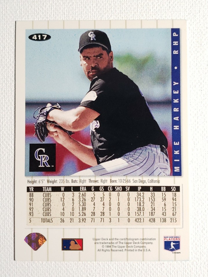 1994 UD Collectors Choice Mike Harkey Rockies Autograph Card Cubs ...