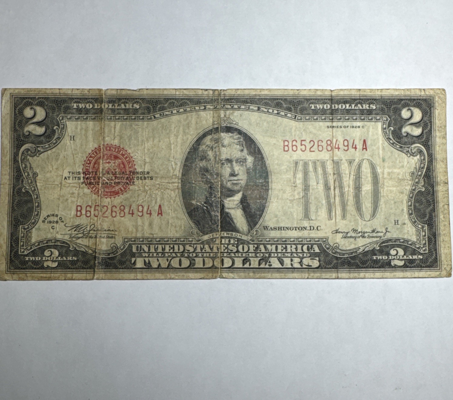 1928-C - United States - $2 Funny Back - Red Seal Banknote - Folded ...