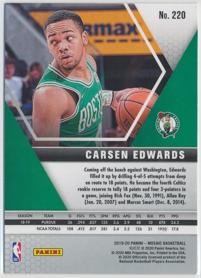 Carsen Edwards - Boston Celtics - 2020 Panini Mosaic Basketball - RC ...