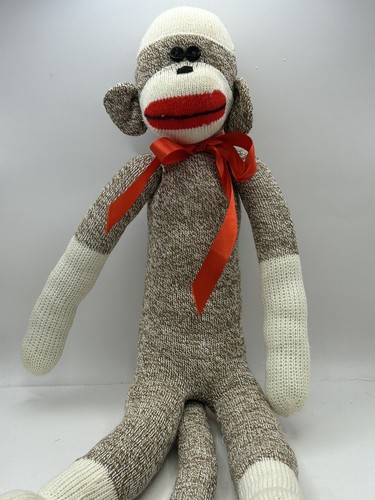 Vintage Handmade Sock Monkey Stuffed Animal Red Pom Poms Curious George ...