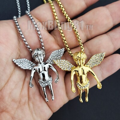 HIP HOP STAINLESS STEEL SIMULATED DIAMOND BABY ANGEL & 24" ROLO CHAIN ...