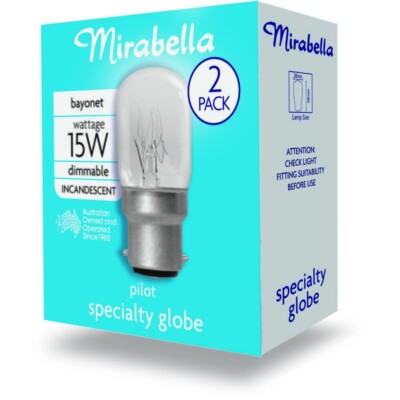 2 x Mirabella 15W Incandescent Clear Pilot Light Globes Bulbs Bayonet ...