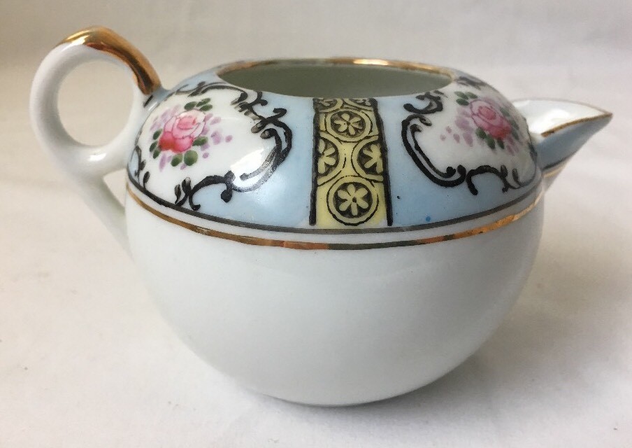 Vintage Chikaramachi Tea Set Teapot Sugar Creamer Hand Painted Blue w ...