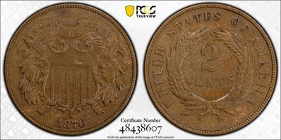 1870 TWO CENT PIECE PCGS CHOICE XF45 NICE EVEN MEDIUM MILK CHOCOLATE ...