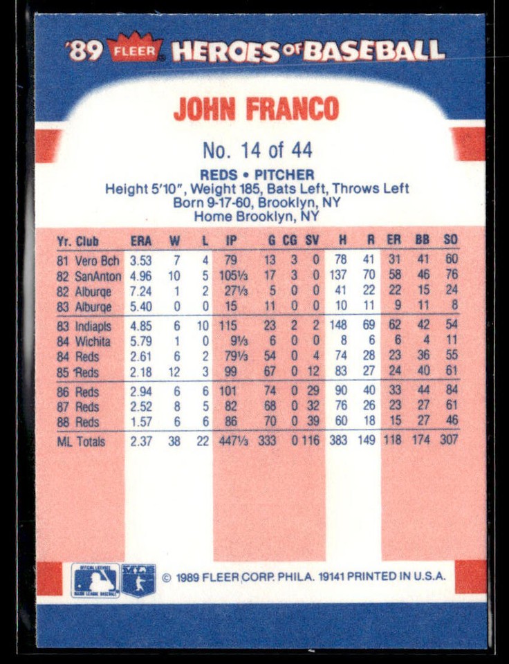 1989 Fleer Heroes of Baseball #14 John Franco Baseball Card 0501C | eBay