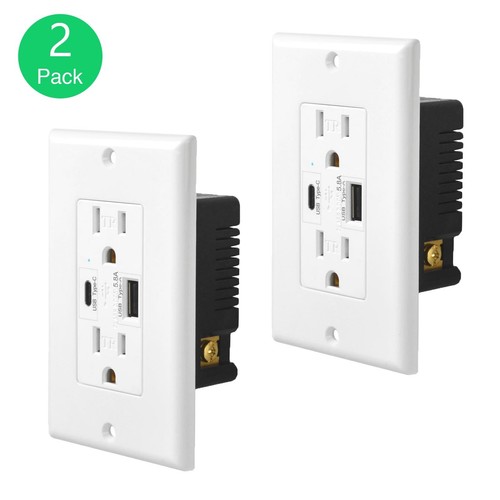 2PK 5.8A USB Wall Socket Outlet AC Power Receptacle Type-C Fast Charger ...
