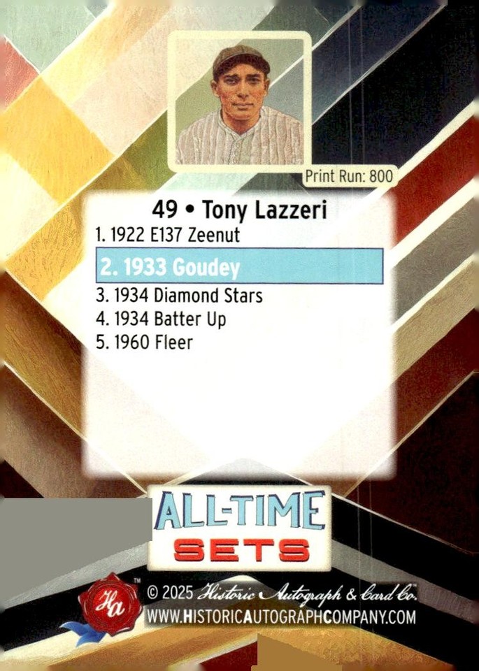 Tony Lazzeri #49 Historic Autograph & Card Co 2025 Heritage All-Time ...