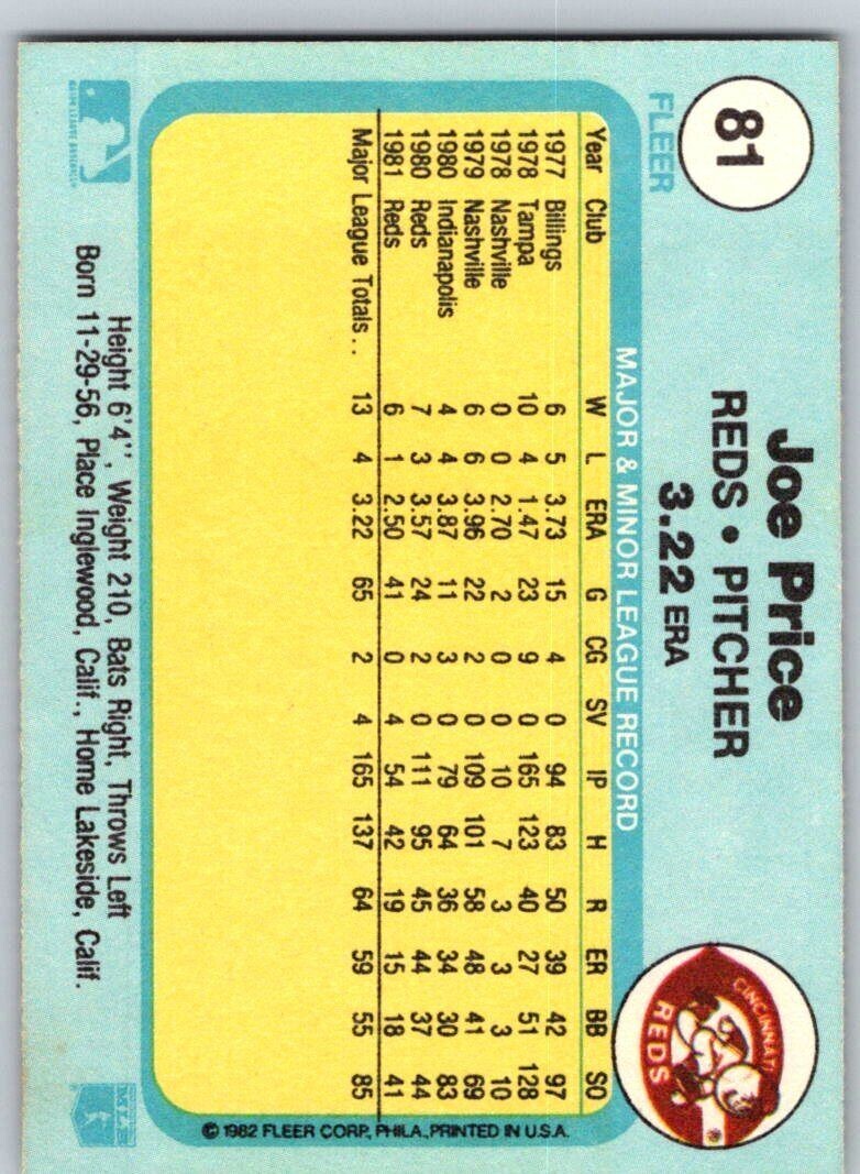 1982 Fleer #81 Joe Price Cincinnati Reds | eBay
