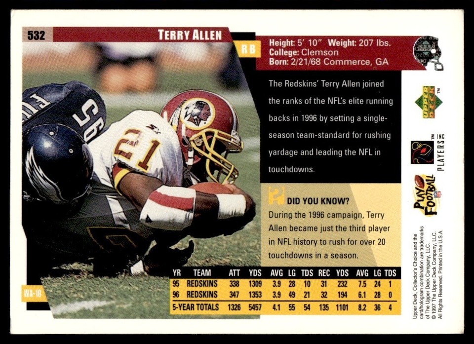 1997 Collector's Choice Terry Allen Washington Redskins #532 | eBay