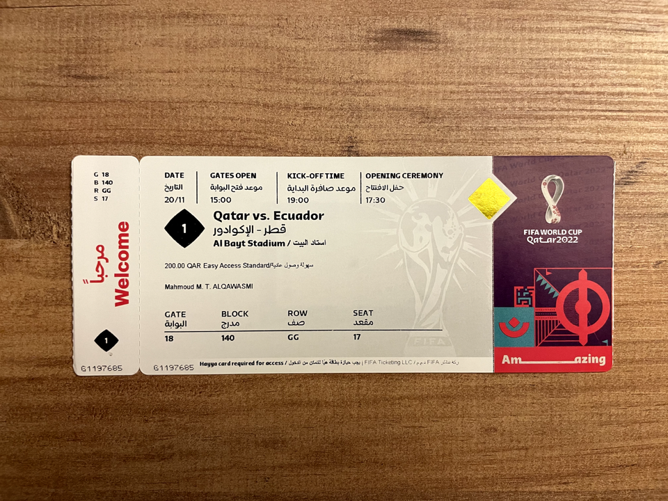 Fifa World Cup Qatar 2022 Opening Match Ticket | Qatar vs. Ecuador ...