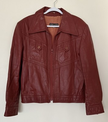 Vintage 70s Rust Red Leather Jacket Talon Zipper Wide Collar Chest ...
