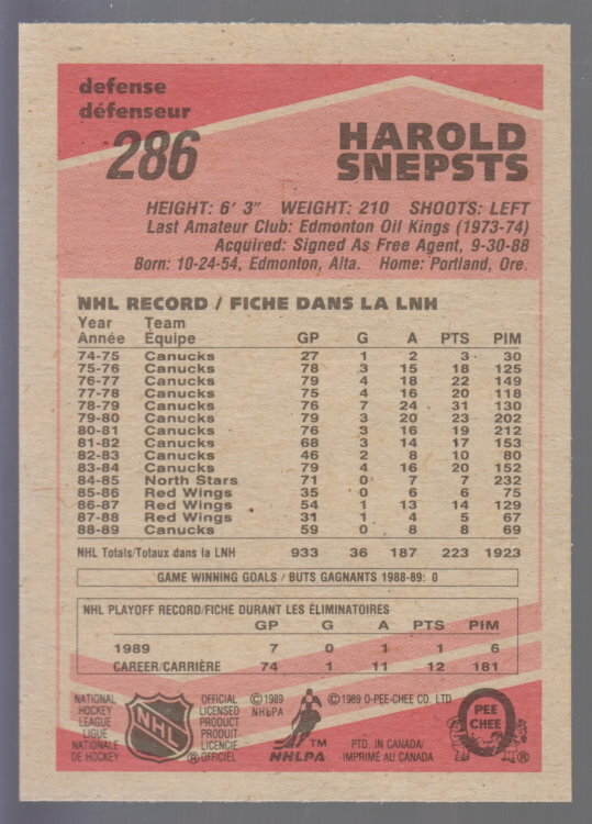 1989-90 Harold Snepsts Vancouver Canucks O-Pee-Chee Hockey Card #286 | eBay