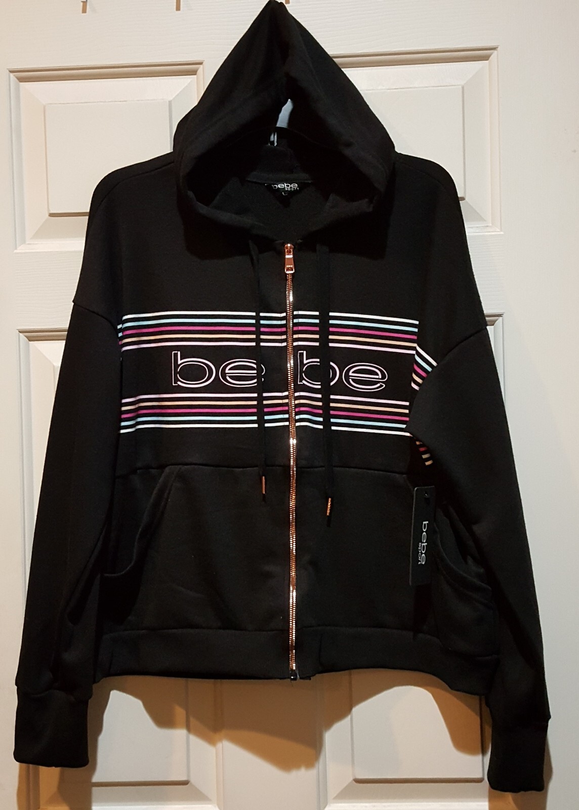 Bebe Plus Sport BP2362A Black Multi-Stripe Logo Zip-Up Hoodie Jacket ...