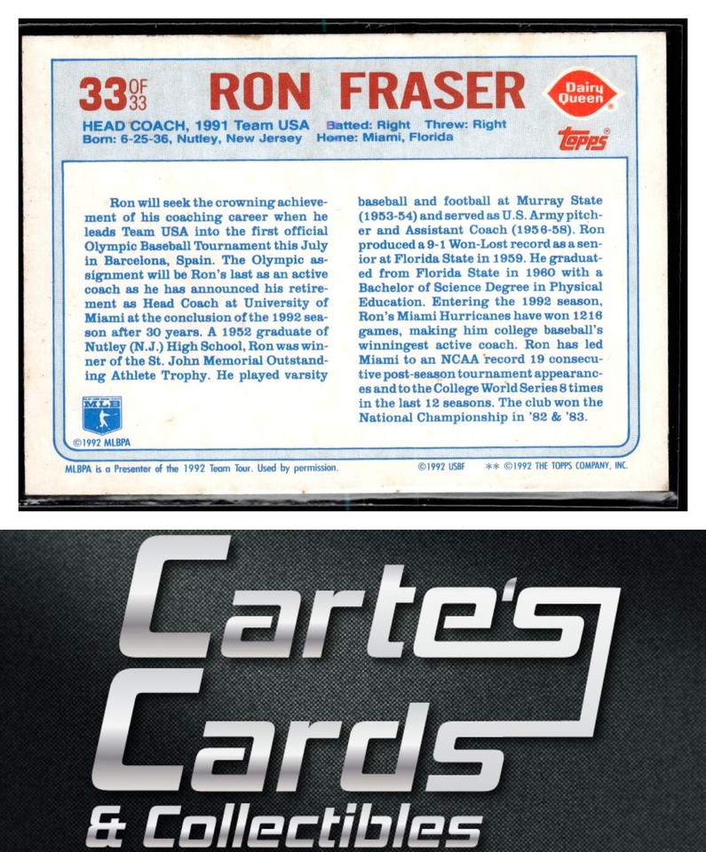 Ron Fraser 1992 Topps Dairy Queen Team USA #33 USA CO | eBay