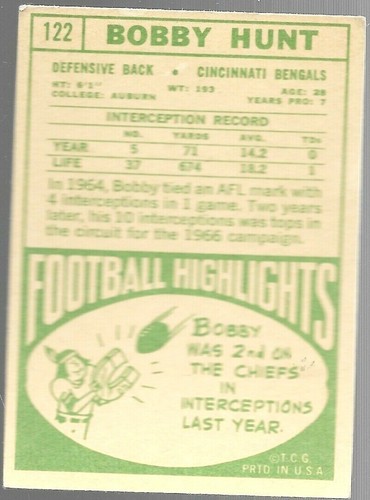 1968 Topps Bobby Hunt 122 Cincinnati Bengals Football | eBay