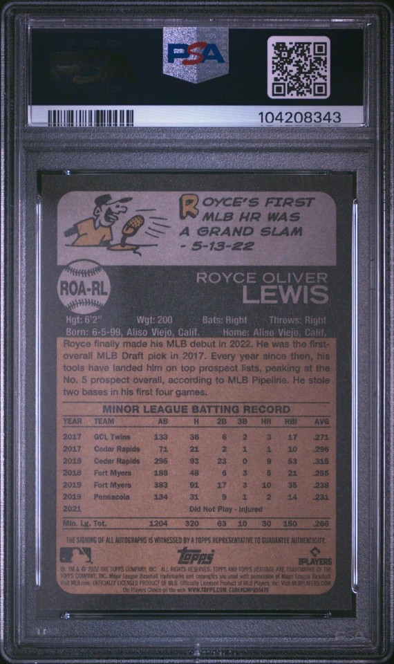 2022 Topps Heritage Royce Lewis RC Rookie Real One Auto Autograph PSA 9 ...