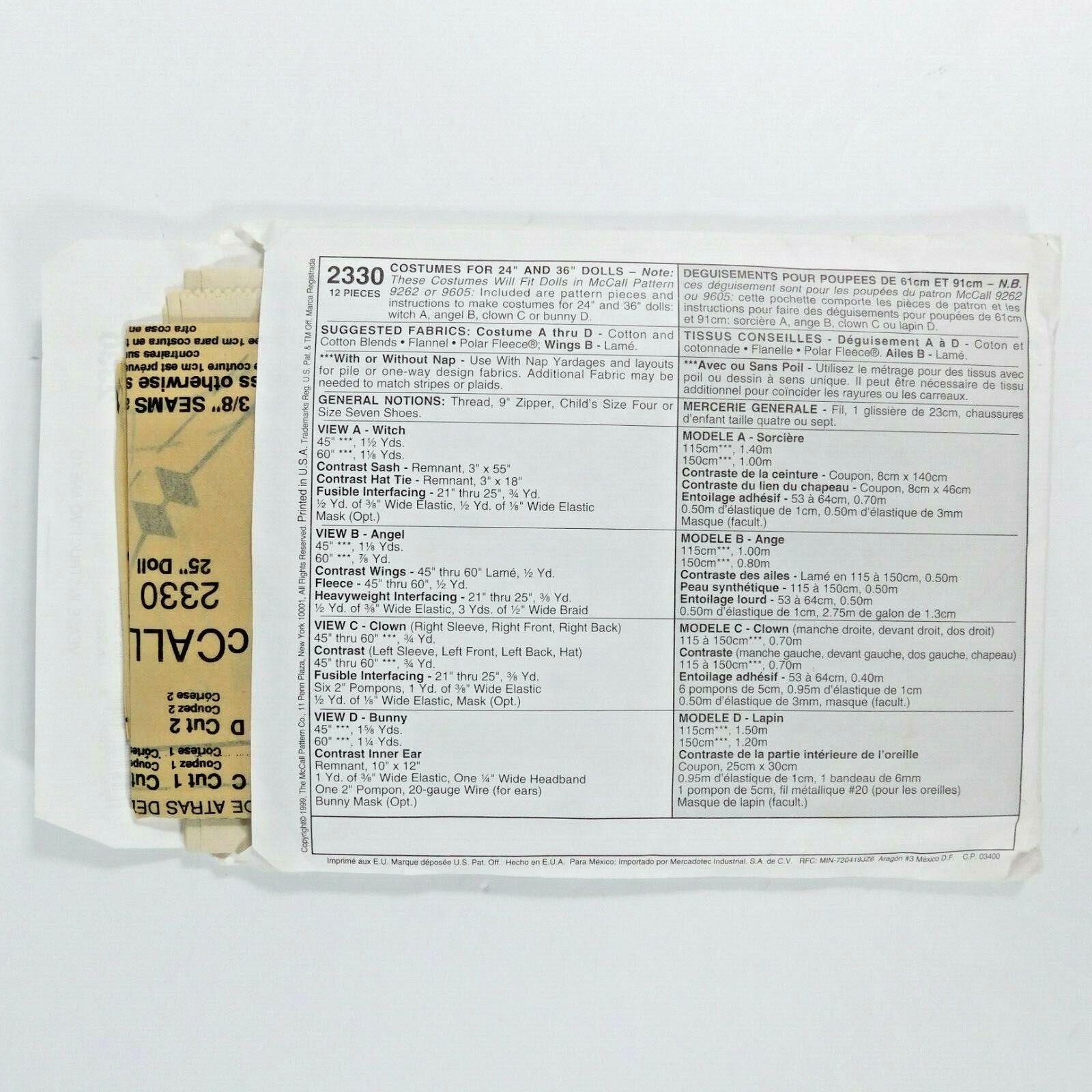 McCalls Crafts 2330 Doll Costumes Sewing Pattern Witch Angel Clown ...