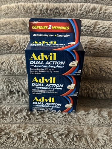 (3)Advil Dual Action with Acetaminophen Pain Reliever 216 Caplets Exp ...