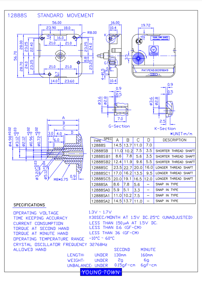 Young Town 12888SA Quartz Snap-In Clock Movement Replacement Youngtown ...