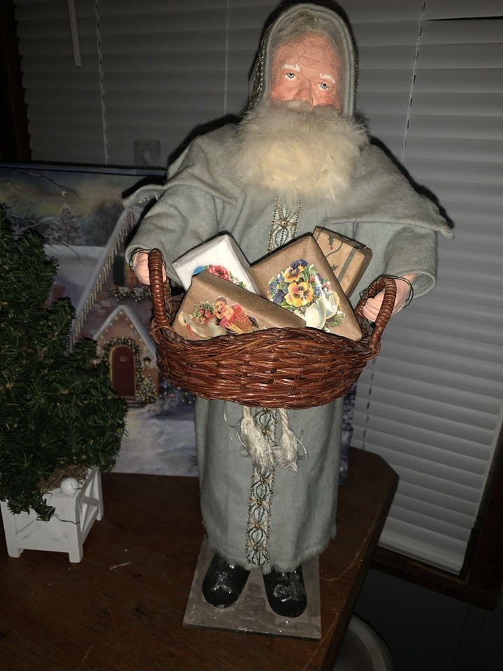 Vintage German Style 18” Santa Blue Grey Felt Robe W/Basket Of Wrapped ...