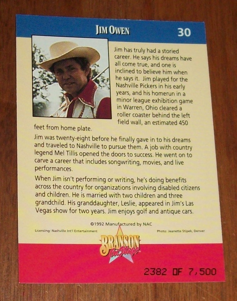 1992 NAC Country Music Jim Owen Gold Signature #'d Branson on Stage ...