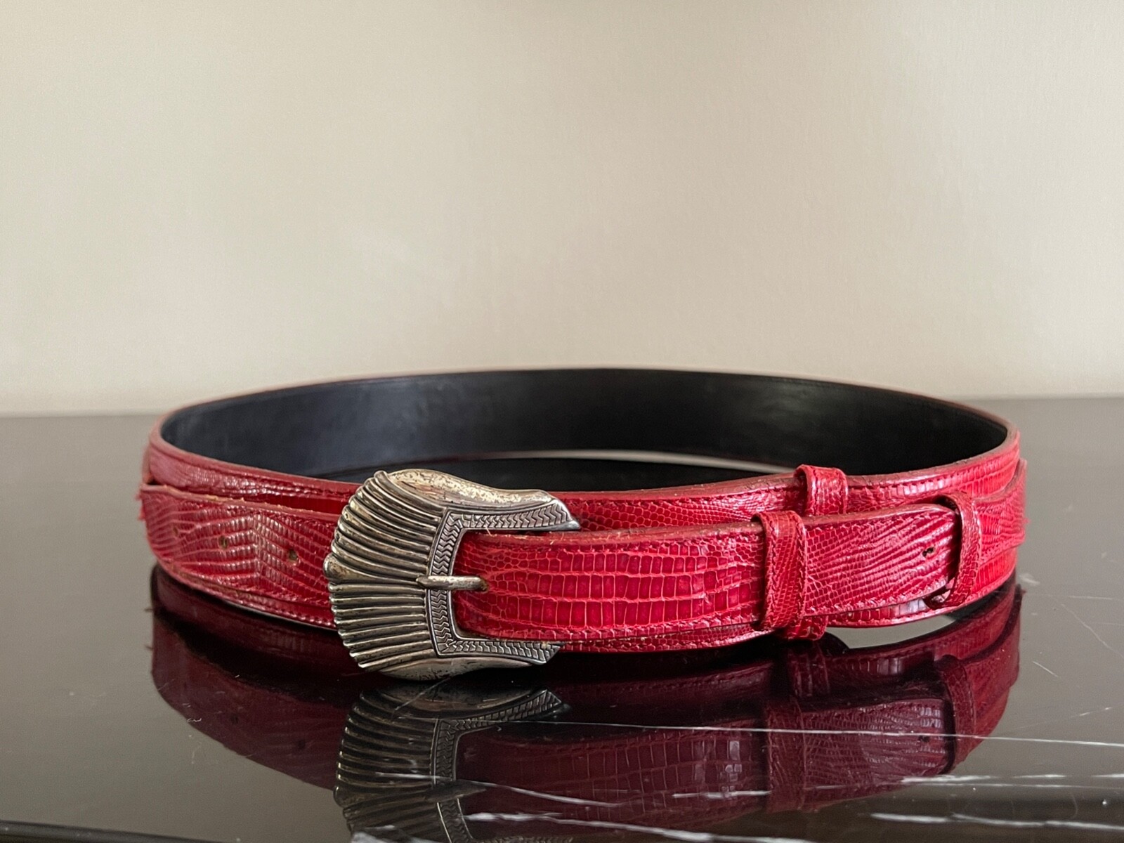 Vintage Red Leather Belt with Sterling Silver Buckle Marked SC | eBay