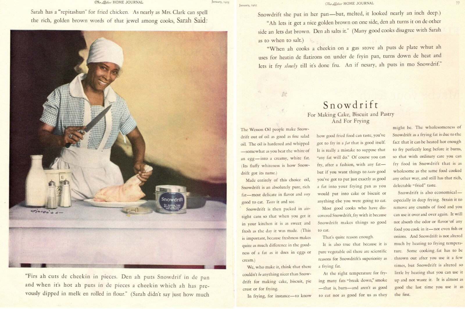 1925 food AD SNOWDRIFT Shortening , Sarah the cook, politically ...