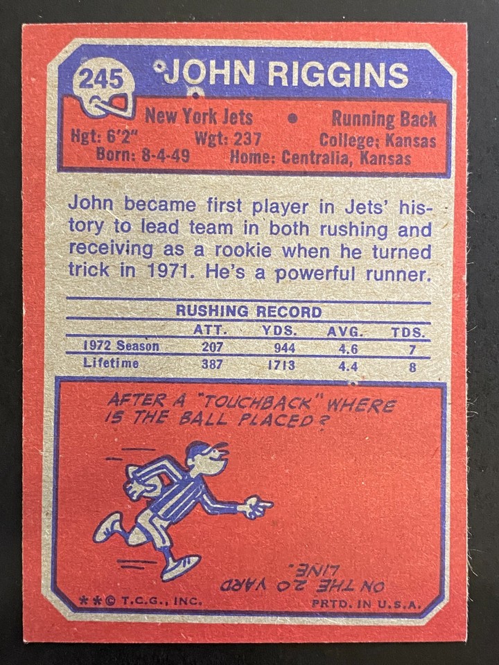 John Riggins 1973 Topps Football Card New York Jets #245 Off Center ...