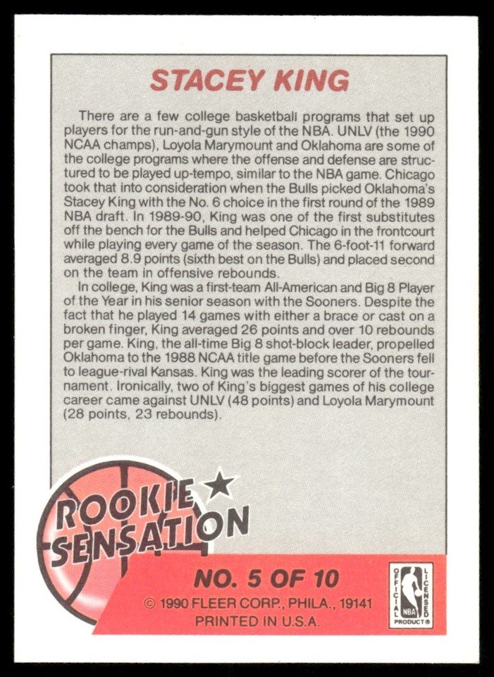 Stacey King Chicago Bulls #5 1990-91 Fleer Rookie Sensations Basketball ...