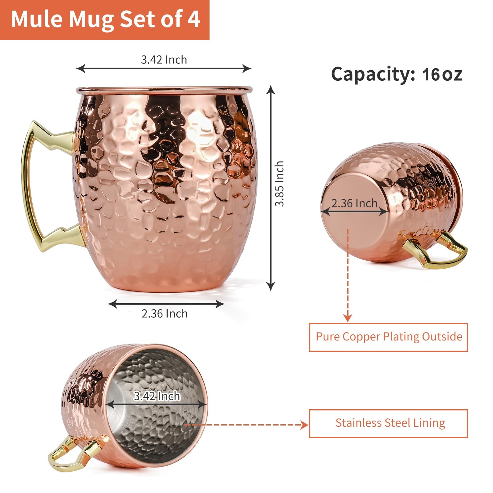 Moscow Mule Mugs Set of 4, 16 OZ Hammered Copper Cups with 304 ...