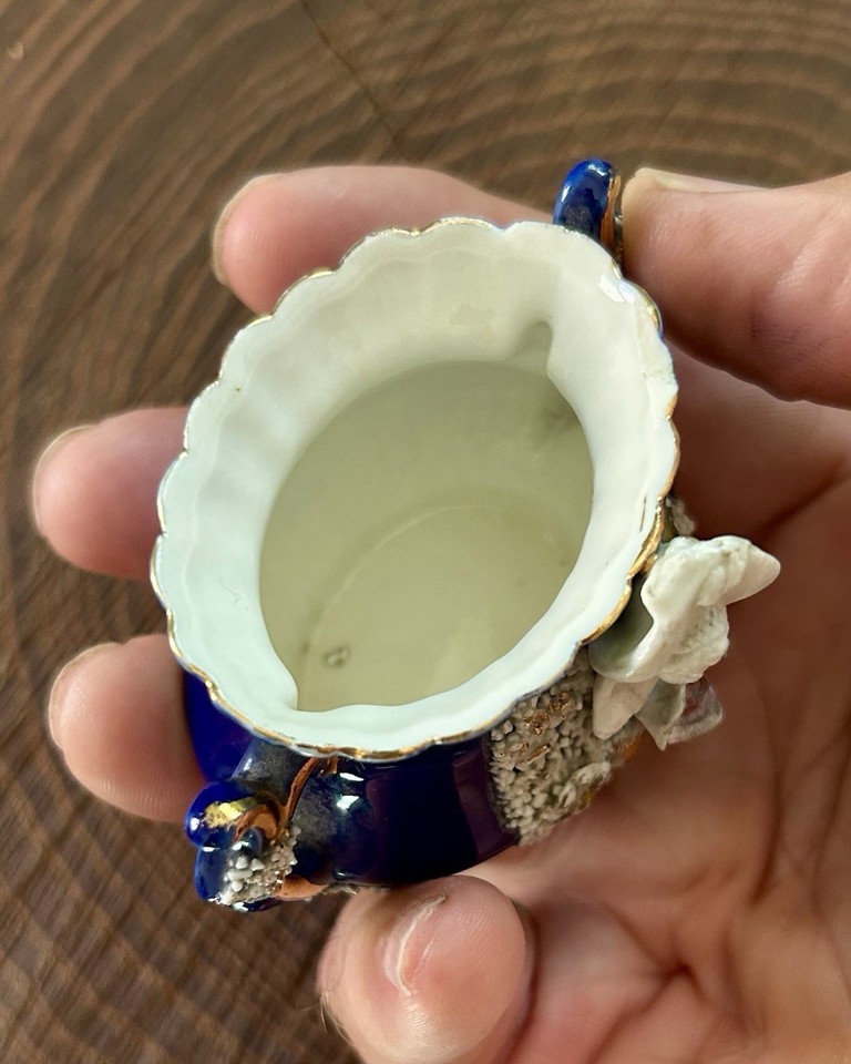 FANCY ANTIQUE COBALT FLOW BLUE SALT DIP DOUBLE HANDLE FLOWERS FIGURAL ...