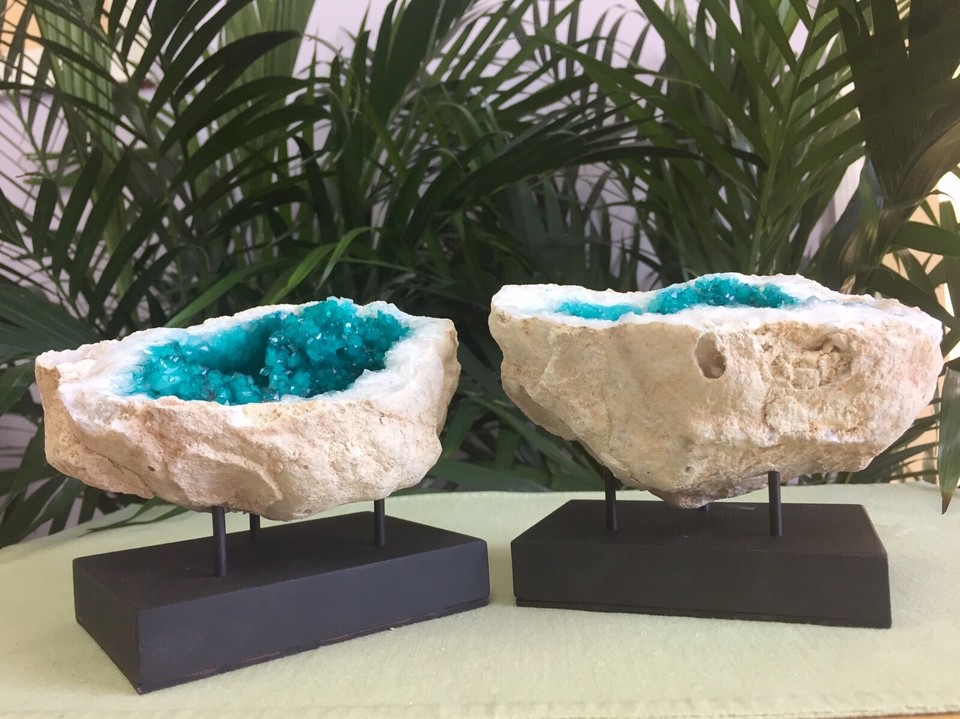 Large Geode Crystal Quartz Specimen Open Geode Pair W/Stands Morocco ...