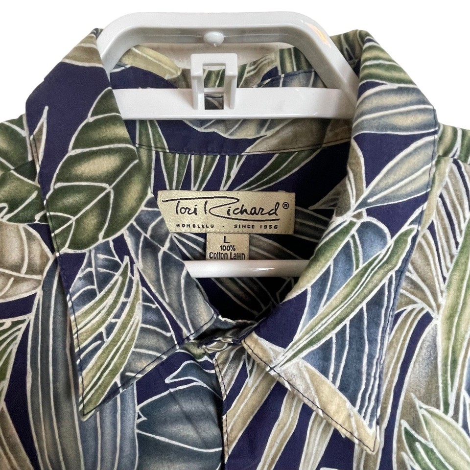 Tori Richard Men's size L Cotton Palm Blue Green Tan Button Down Shirt ...