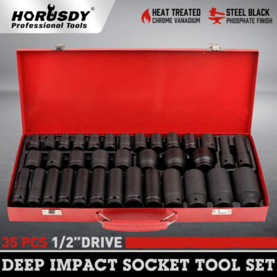 HORUSDY 35Pc 1/2" Dr. Impact Socket Set Short Deep Sockets Metric 8 ...