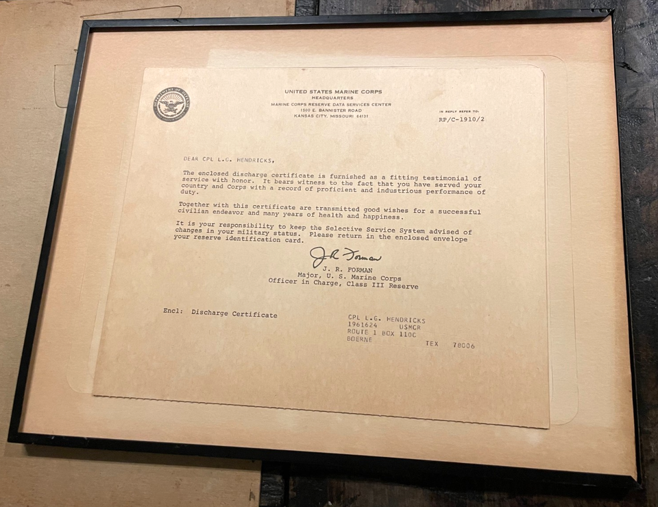1967 Marine Corps Honorable Discharge Certificate Larry G. Hendricks | eBay