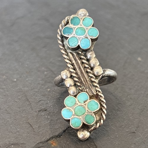 Zuni Dishta Style Ring Sterling Silver Turquoise Flowers Vintage Size 5 ...