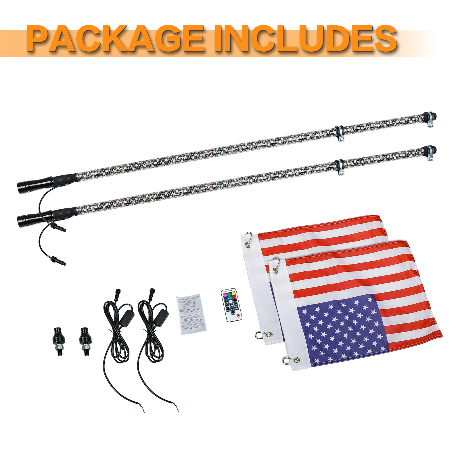 2X 3ft Lighted Spiral LED Whip Antenna w/Flag + 4 Pods RGB Rock Lights ...