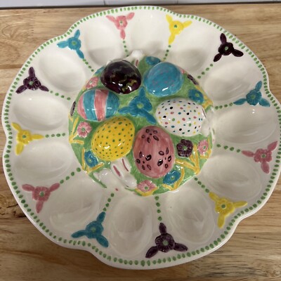 Vintage Hand Painted Easter Deviled Egg Platter Crazing | eBay
