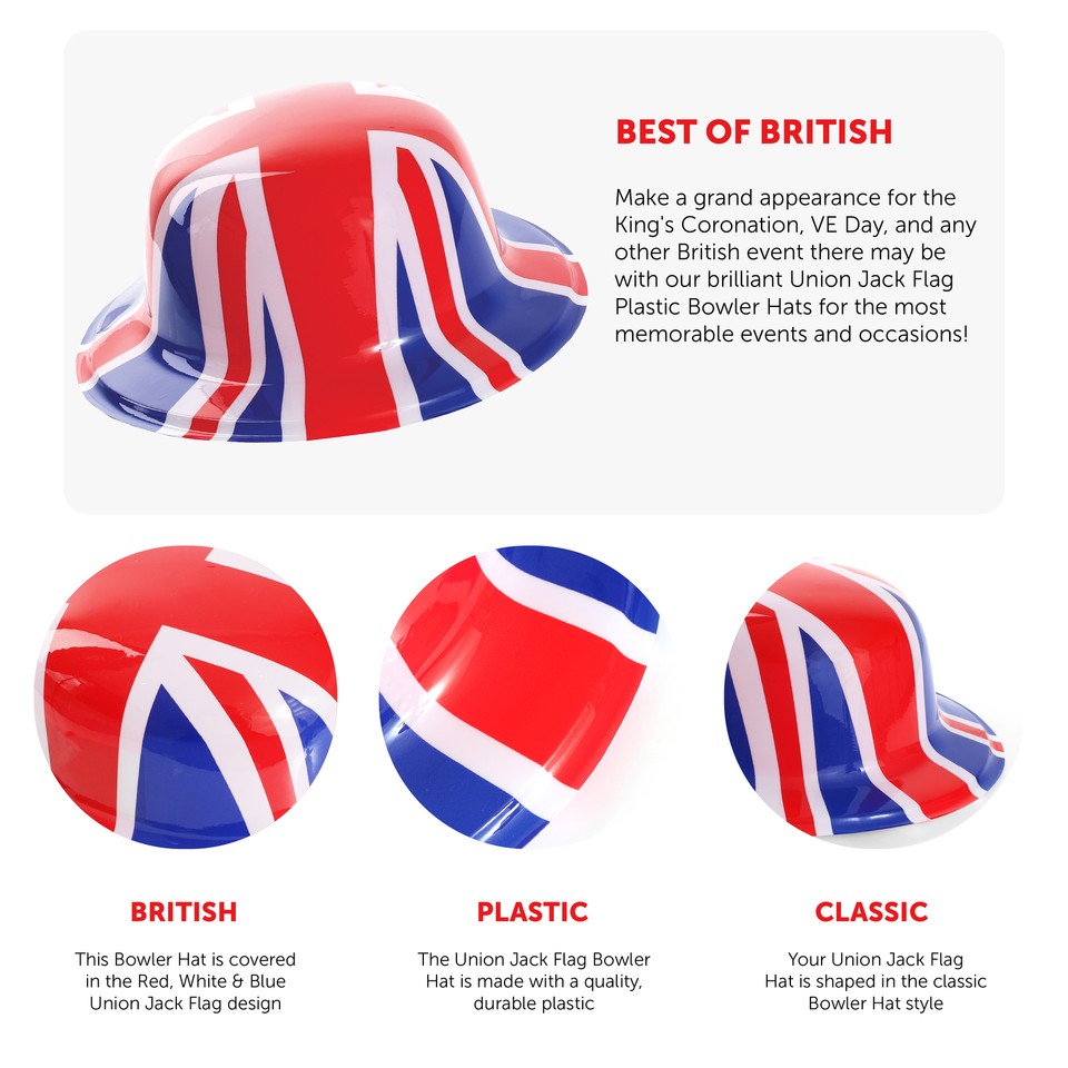 VE DAY UNION JACK PLASTIC BOWLER HAT ENGLAND BRITISH ROYAL FANCY DRESS ...